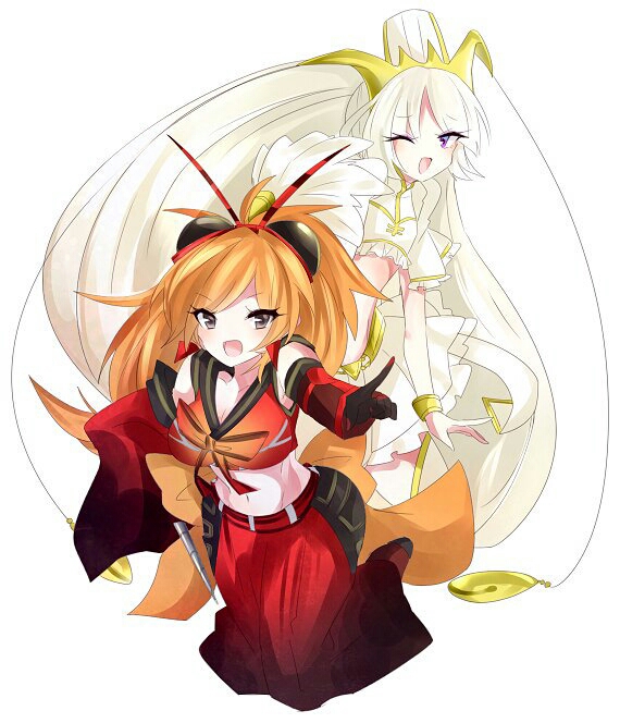 Safebooru - 2girls :d ;d antennae black gloves bracelet bun cover ...