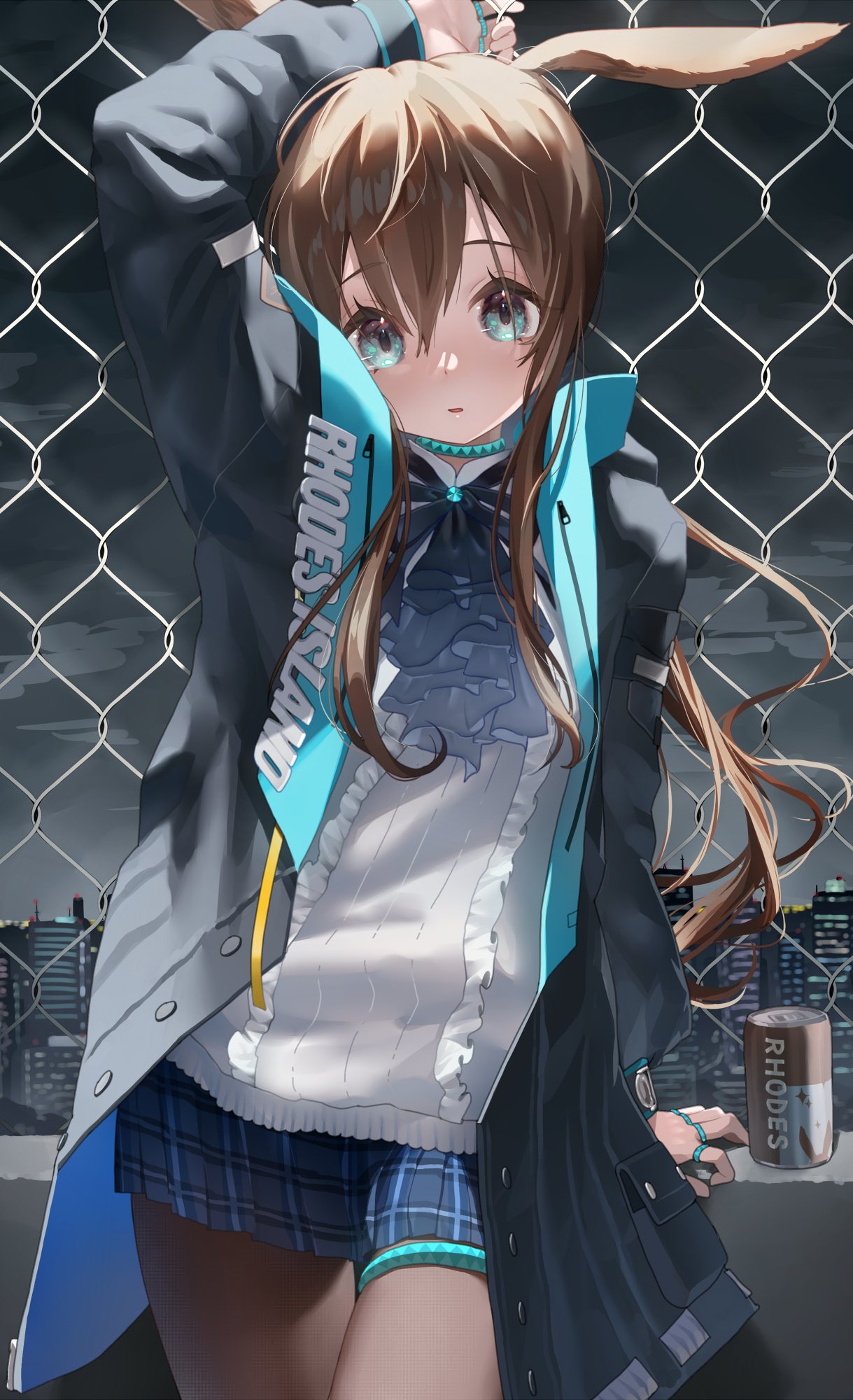 Safebooru - 1girl amiya (arknights) animal ears arknights arm up bangs black jacket blue eyes ...