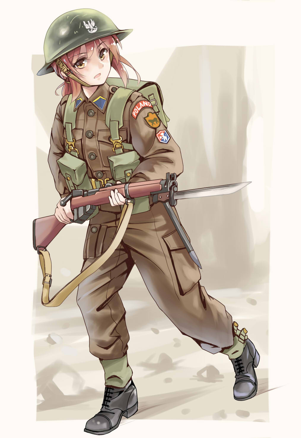 Safebooru - 1girl backpack bag bayonet brown eyes brown hair commentary ...
