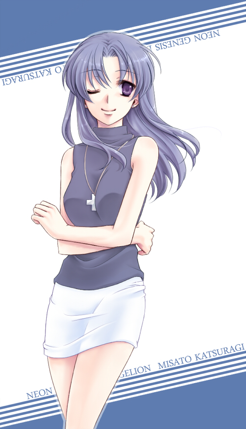 Safebooru - cross jewelry katsuragi misato long hair necklace neon ...