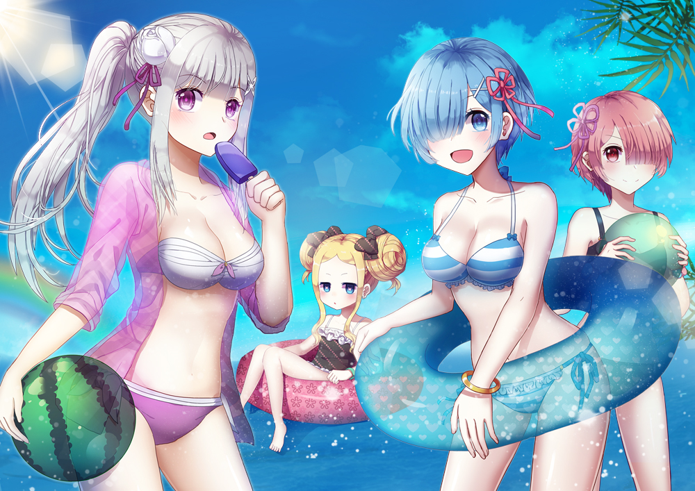 Safebooru - 4girls ball barefoot beachball beatrice (re:zero) bikini black bikini black bow ...