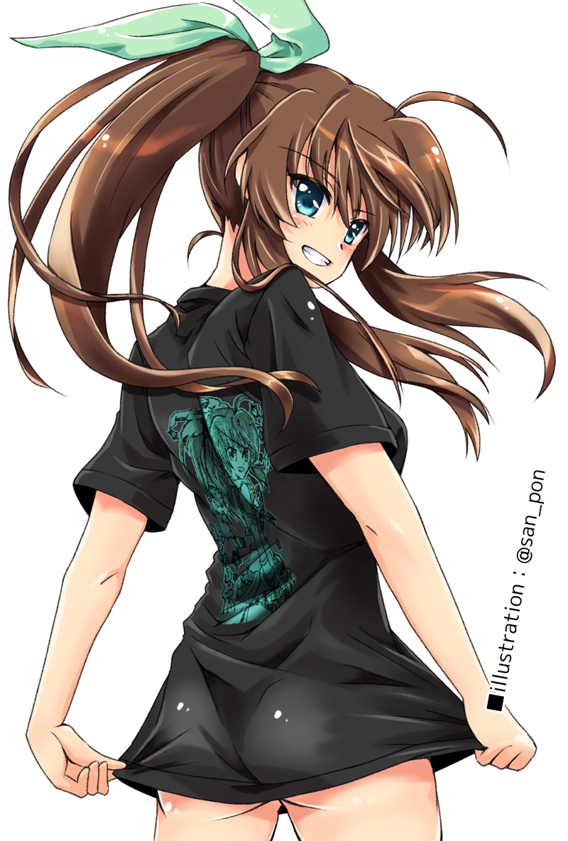 Safebooru - 1girl ahoge ass bangs black shirt blue eyes brown hair commentary request cowboy ...