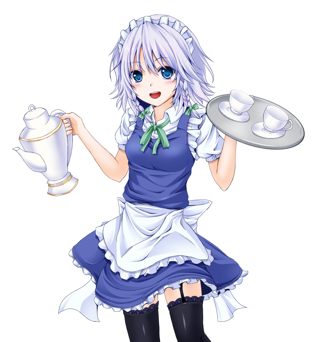 Safebooru - 1girl apron black legwear blue eyes bow braid cup frilled ...