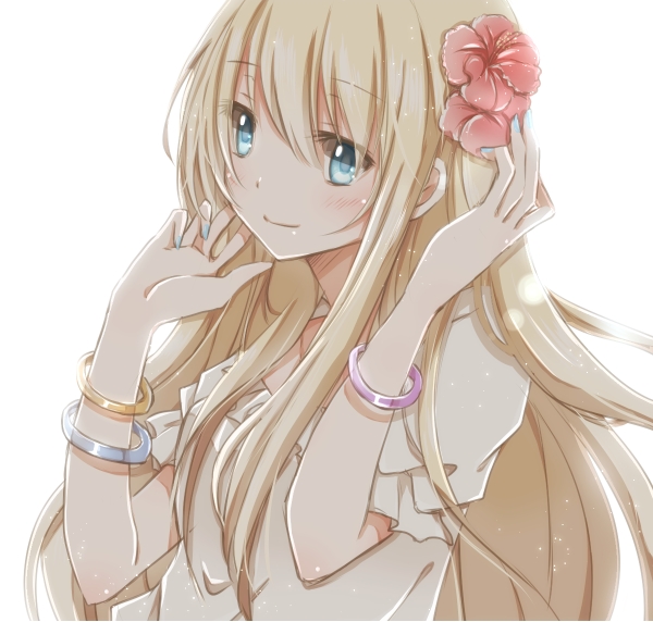 Safebooru - 1girl bangs blonde hair blouse blue eyes blush bracelet closed mouth eyebrows ...