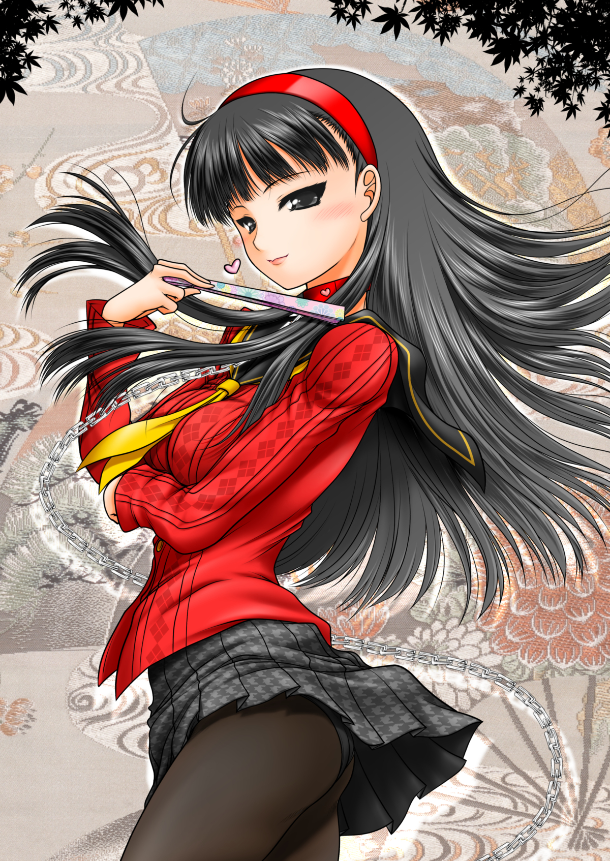 Safebooru - 1girl akanako amagi yukiko black eyes black hair black legwear chains closed fan ...