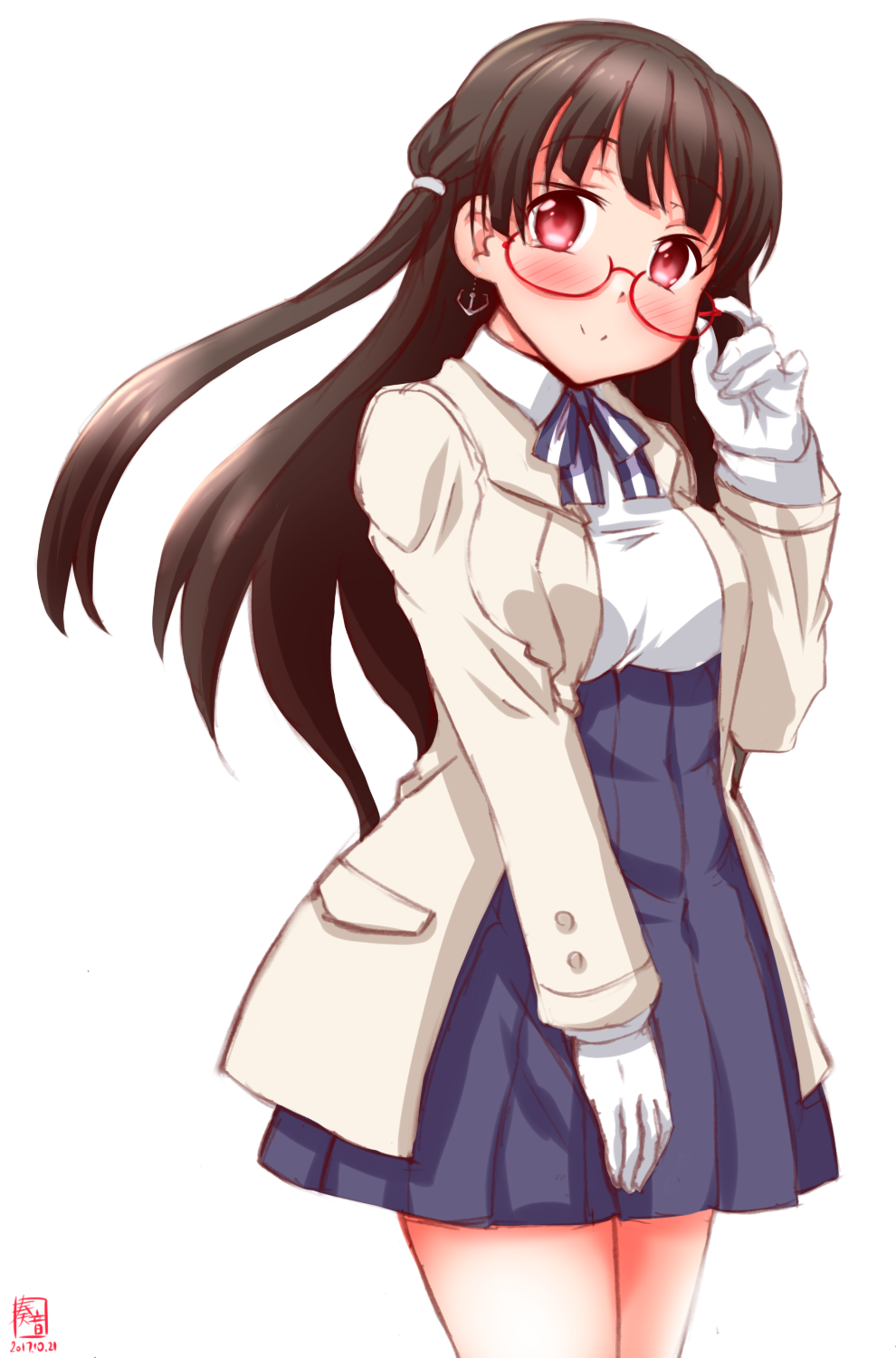 Safebooru - 1girl adjusting eyewear alternate costume black hair brown eyes casual choukai ...