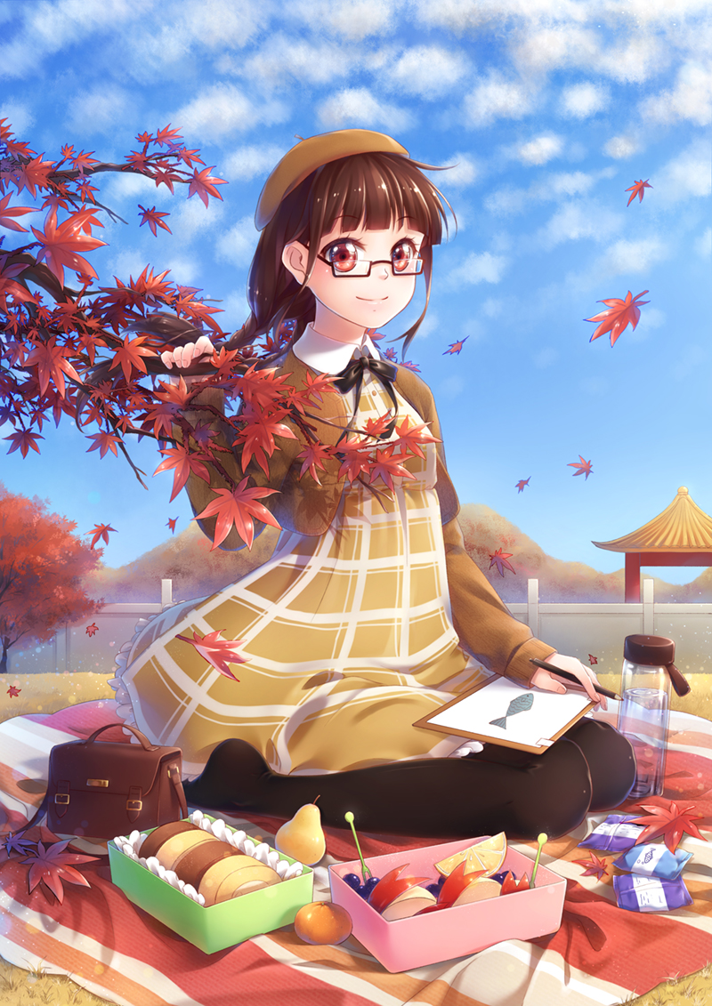 Safebooru - 1girl apple bunny autumn autumn leaves bag bangs beret black legwear black ribbon ...