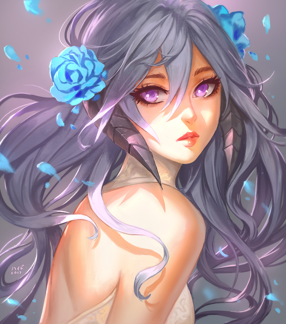 Safebooru - 1girl back bare shoulders blue rose close-up closed mouth commentary commission ...