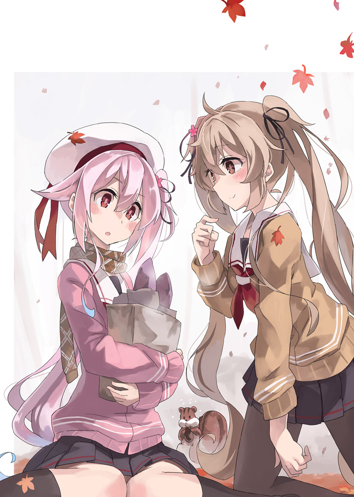 Safebooru - 2girls autumn bag beret black serafuku black skirt blue ...