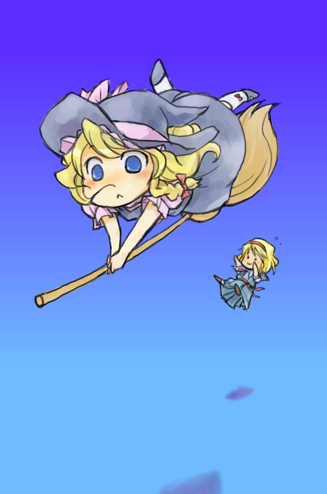 Safebooru - alice margatroid blonde hair blue eyes broom broom riding chibi falling hat kirisame ...