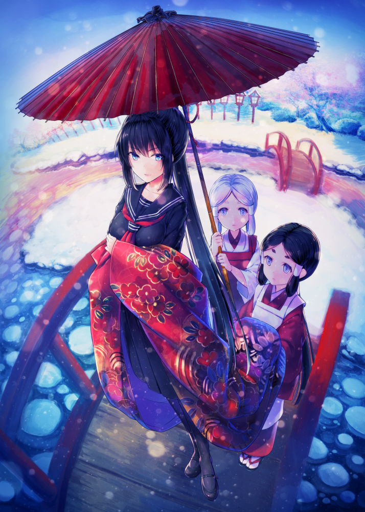 Safebooru - 3girls apron bad id bad pawoo id bangs black hair black ...