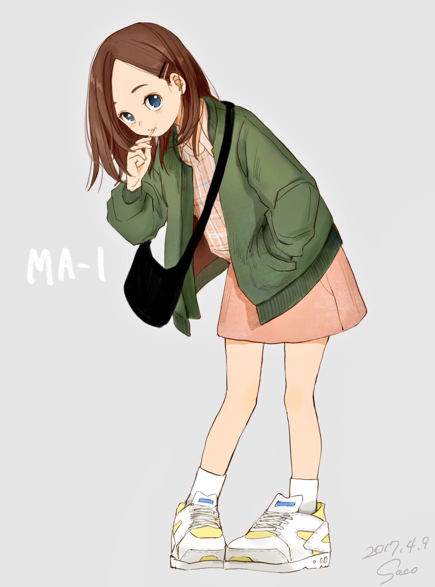 Safebooru 1girl Bag Blue Eyes Blush Brown Hair Candy Checkered Shirt 9589