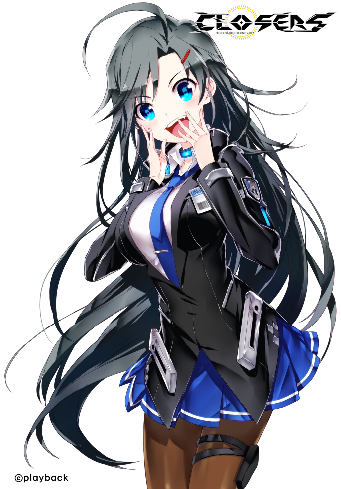 Safebooru - >:d 1girl :d ahoge artist name black hair blue eyes blue neckwear blue skirt breasts ...