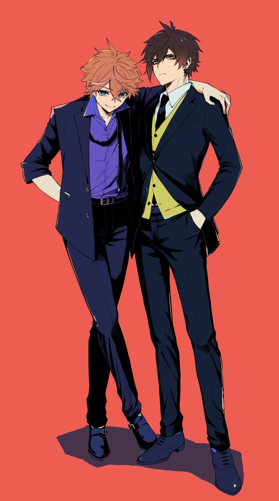 Safebooru - 2boys arm around shoulder arm behind back bangs black footwear black hair black ...