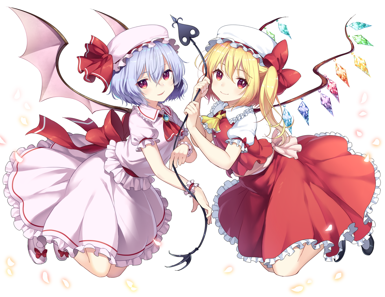Safebooru - 2girls ascot bangs bat wings black footwear blonde hair blue hair bow brooch closed ...