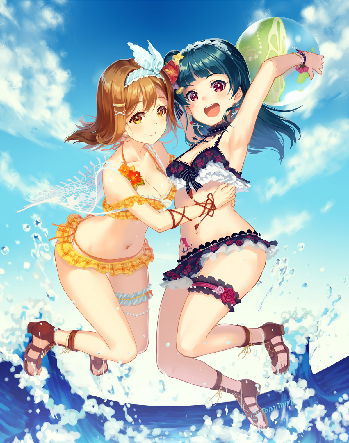 Safebooru - 2girls armpits arms up ball bangs beachball bikini blue hair blue sky blush bracelet ...