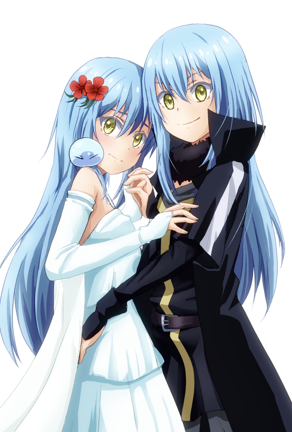 Safebooru - 2others belt black coat black jacket blue hair bridal ...