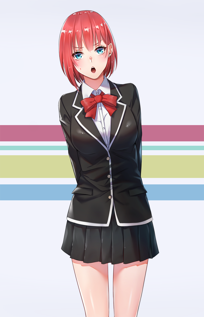 Safebooru - >:o 1girl :o arms behind back bangs black jacket black skirt blazer blue eyes blush ...