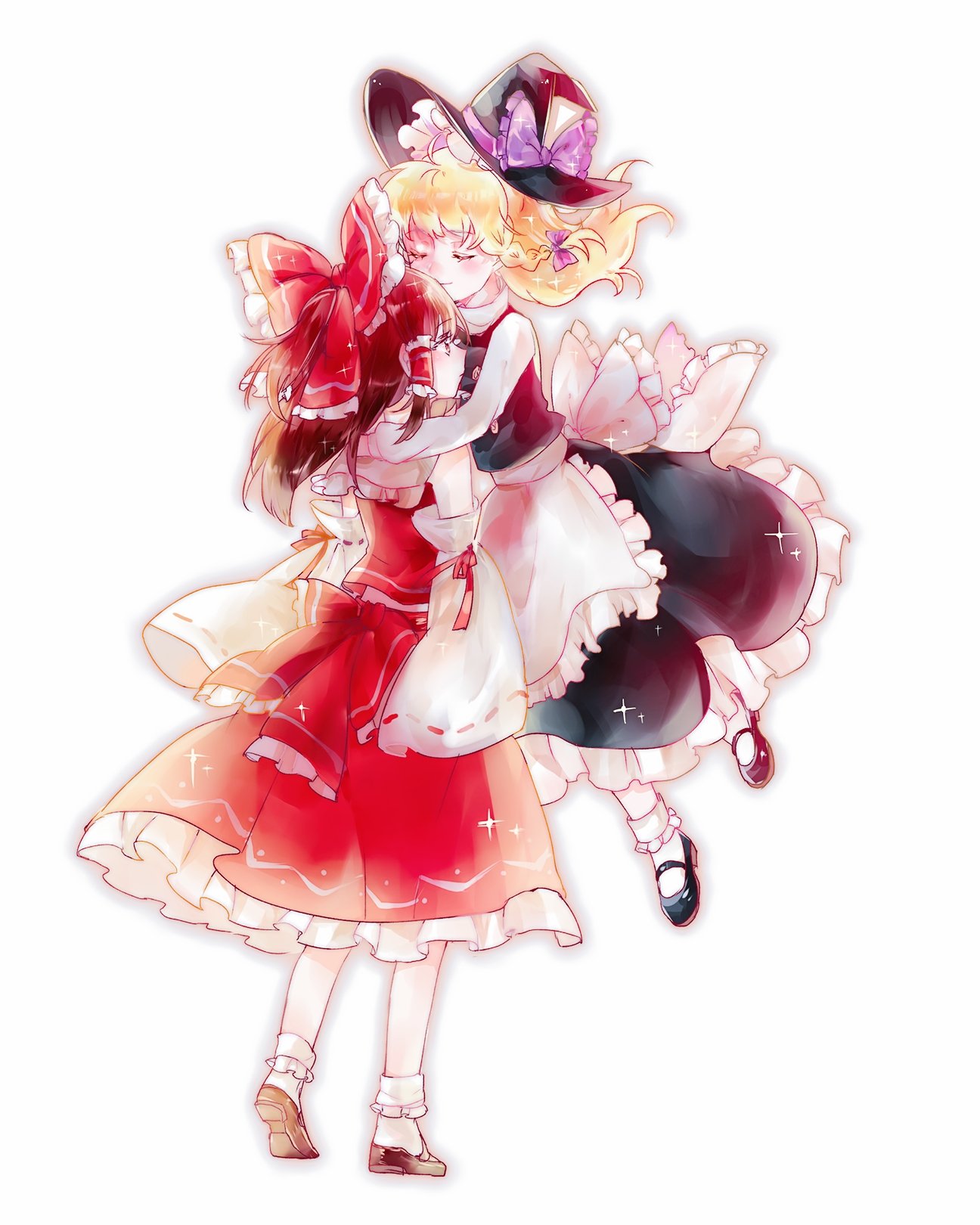 Safebooru - 2girls apron blonde hair blush bobby socks bow braid brown hair closed eyes detached ...