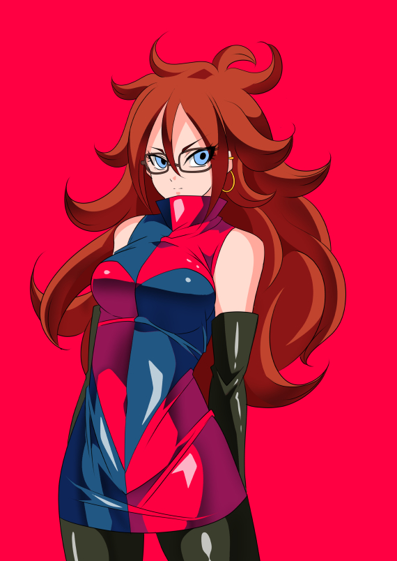 Safebooru - 1girl android 21 bare shoulders black-framed eyewear blue eyes breasts brown hair ...