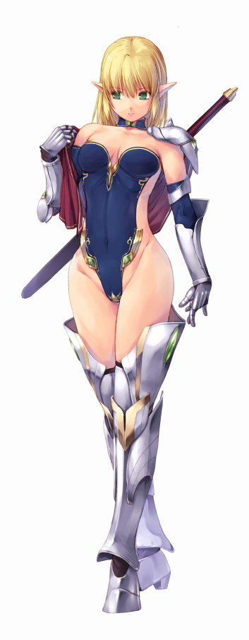 Safebooru - 1girl armor armored boots bangs blonde hair blue leotard boots breasts covered navel ...