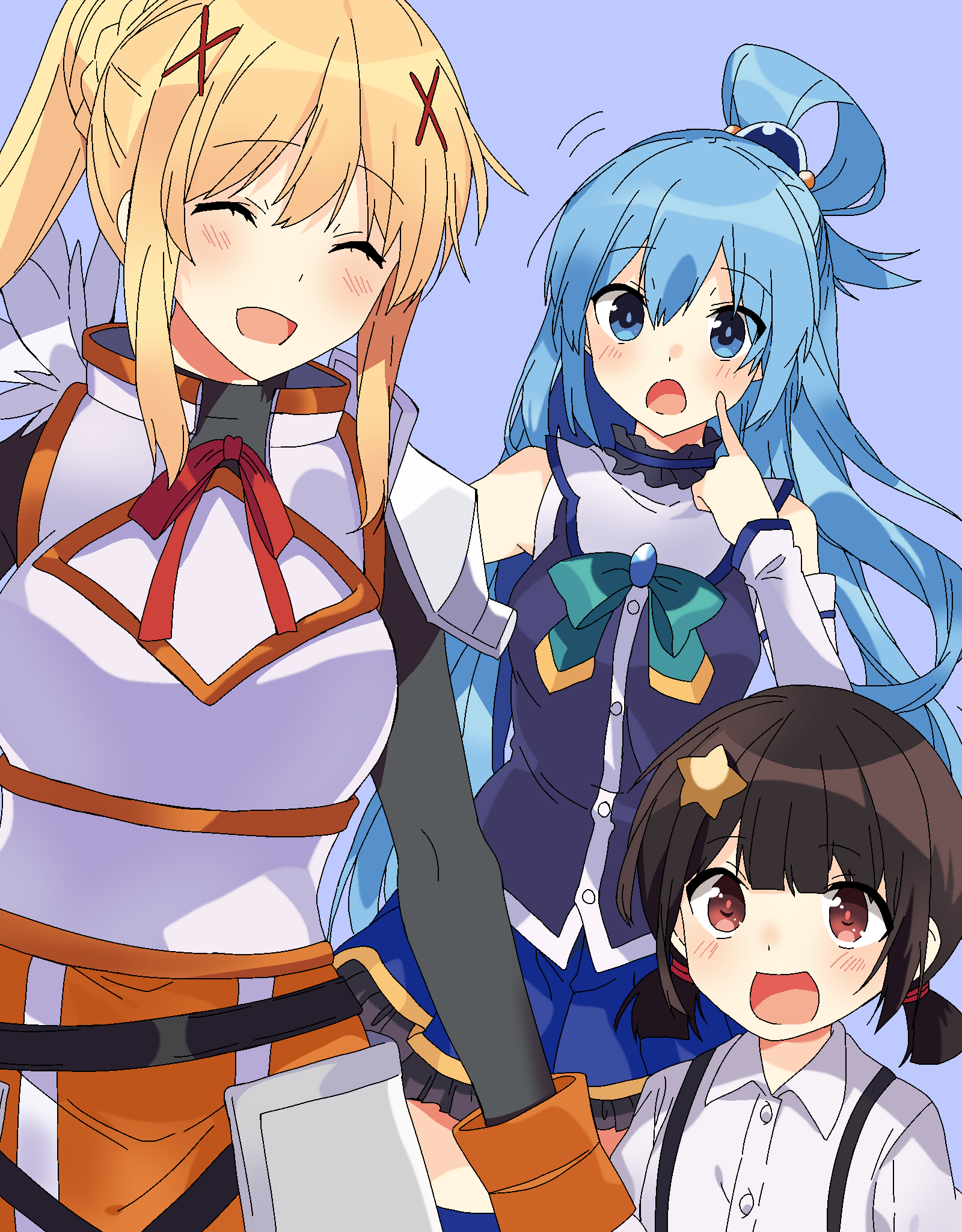 Safebooru - 3girls aqua (konosuba) black hair blonde hair blue eyes blue hair blush cat1444444 ...