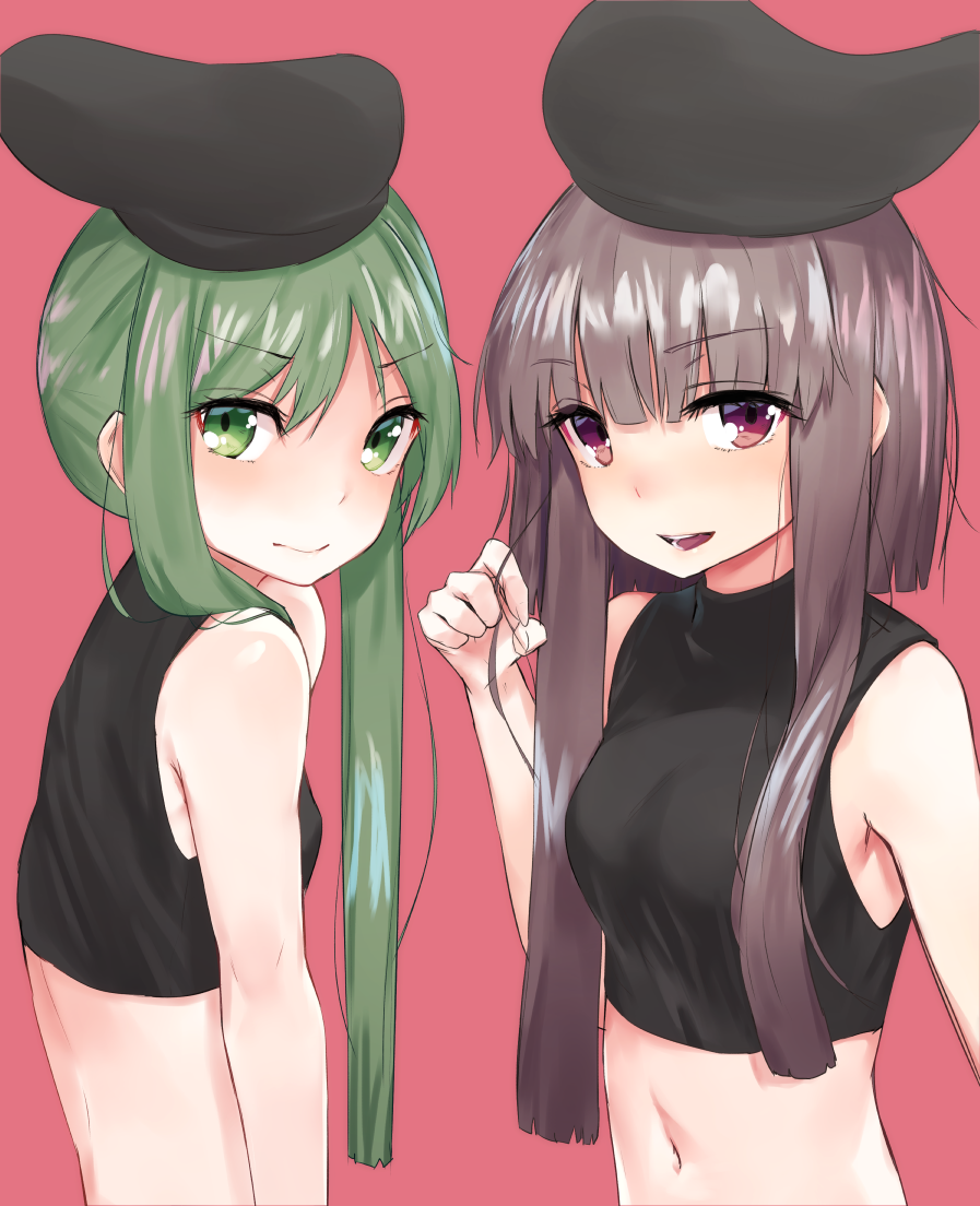 Safebooru - 2girls alternate costume asuzemu bangs bare arms black hat blunt bangs breasts brown ...