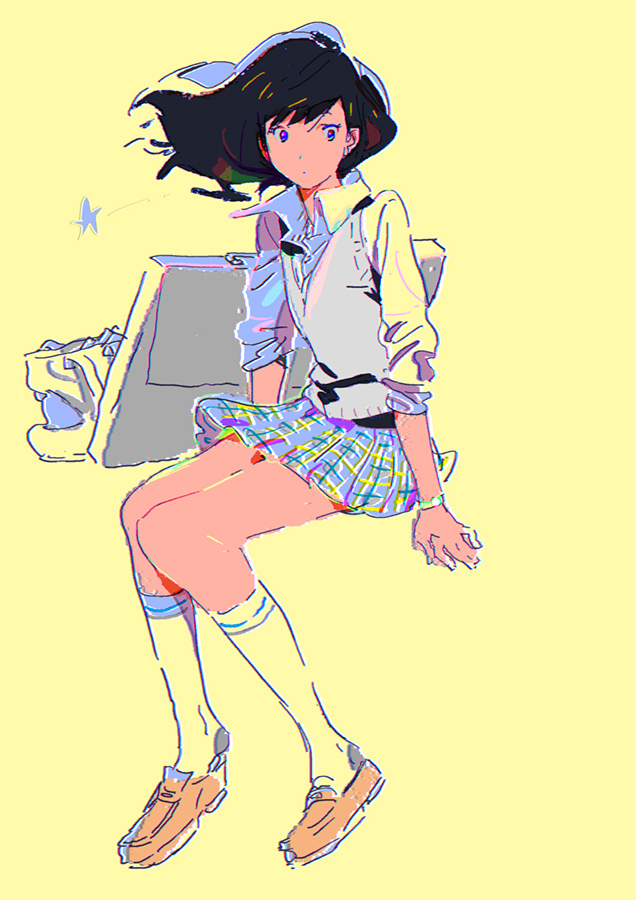 Safebooru - 1girl black hair blue eyes blue shirt blue skirt bracelet brown footwear checkered ...
