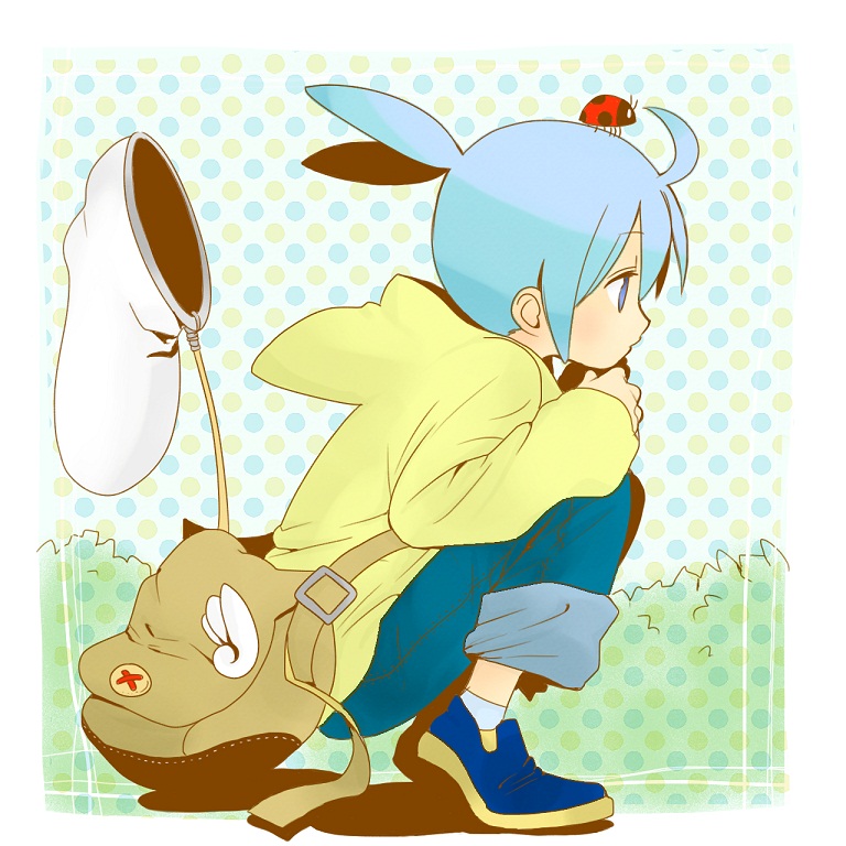 Safebooru - 1boy ahoge backpack bag blue eyes blue hair butterfly net ...