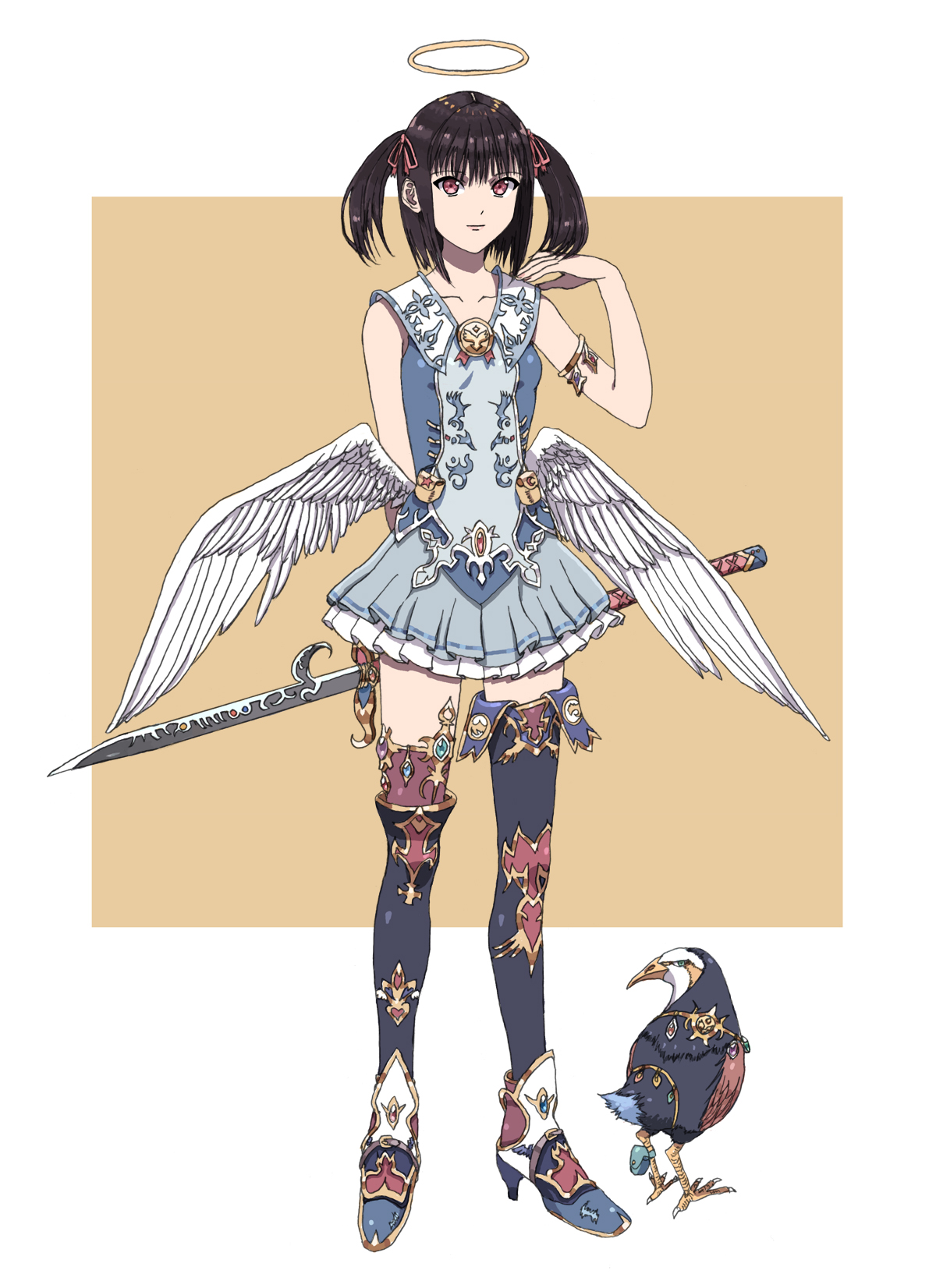 Safebooru - 1girl angel angel wings asymmetrical legwear bird black hair blacklegwear blue skirt ...