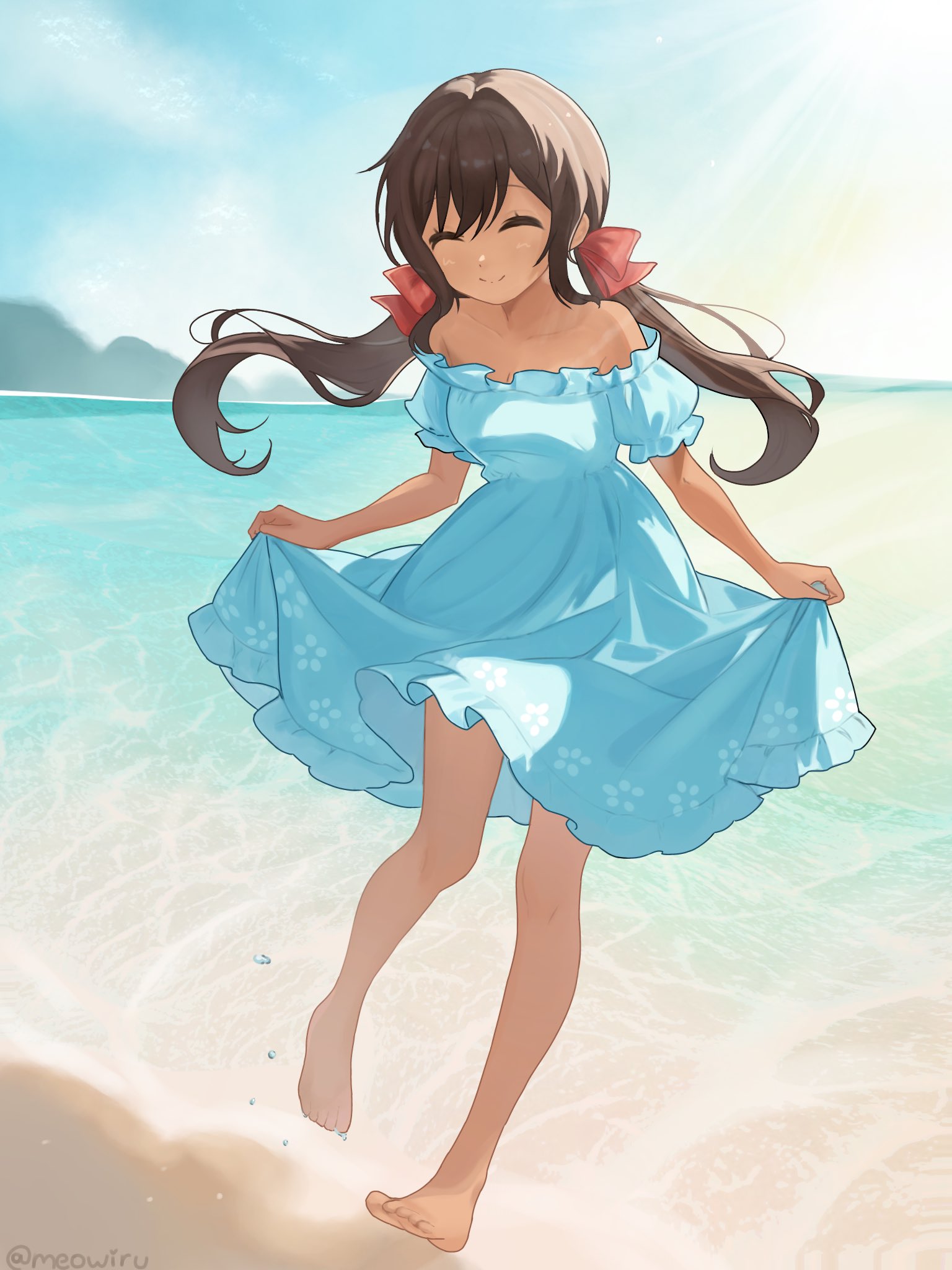 Safebooru - 1girl axis powers hetalia bare shoulders barefoot beach blue dress blue sky bow ...