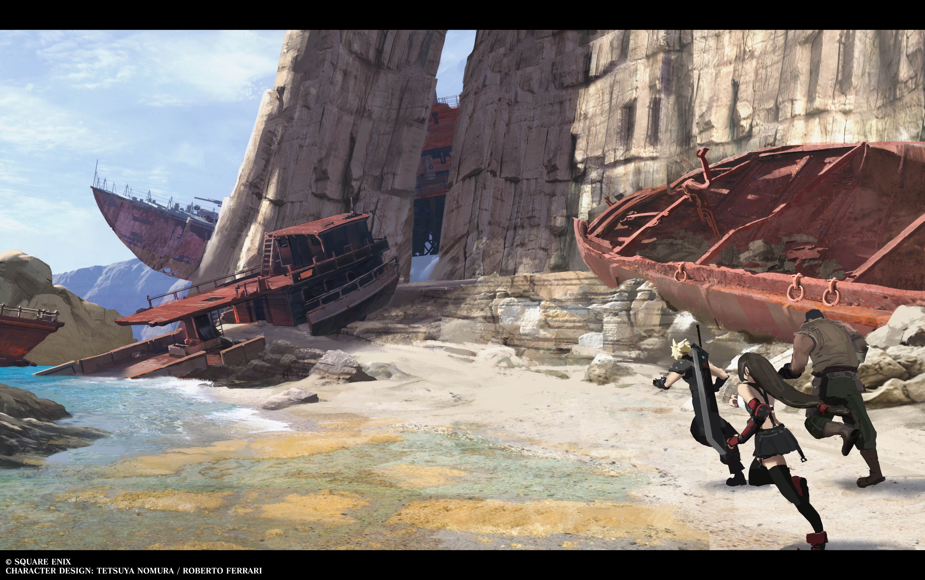 Safebooru - 1girl 2boys absurdres baggy pants bare shoulders barret wallace beach black boots ...