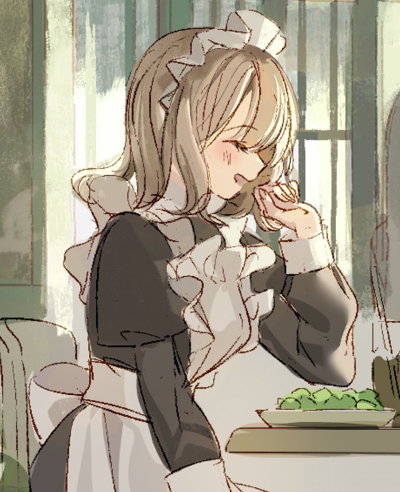 Safebooru - 1girl apron black dress blonde hair blush closed eyes dress ...