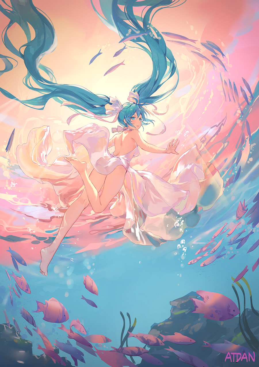 Safebooru - 1girl absurdly long hair aqua eyes aqua hair artist name atdan barefoot dress fish ...