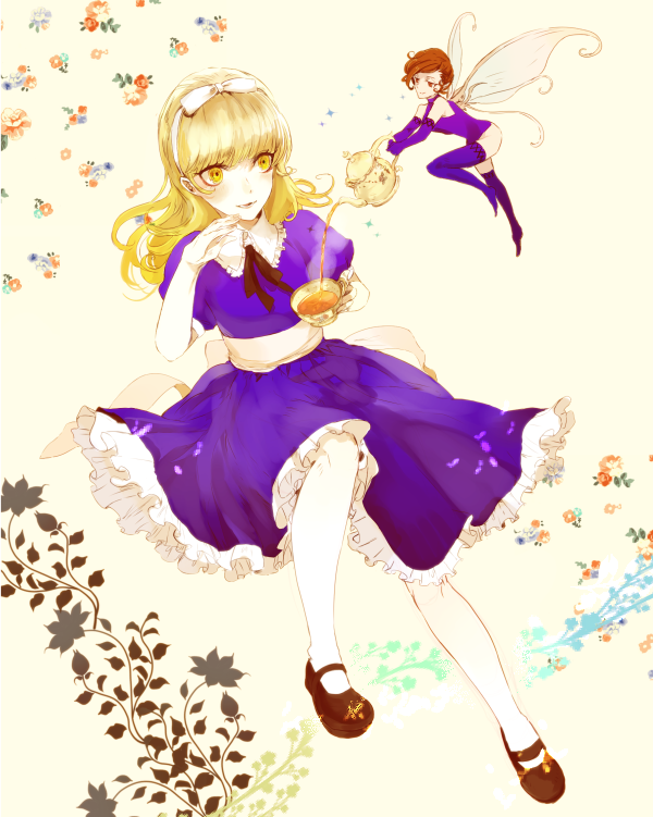 Safebooru - 2girls alice (megami tensei) blonde hair brown hair cup fairy fairy wings iriya ...