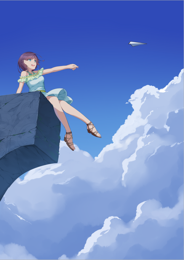 Safebooru - 1girl 3d-kun :d ahoge arm up bangs bare legs bare shoulders blue sky blush breasts ...