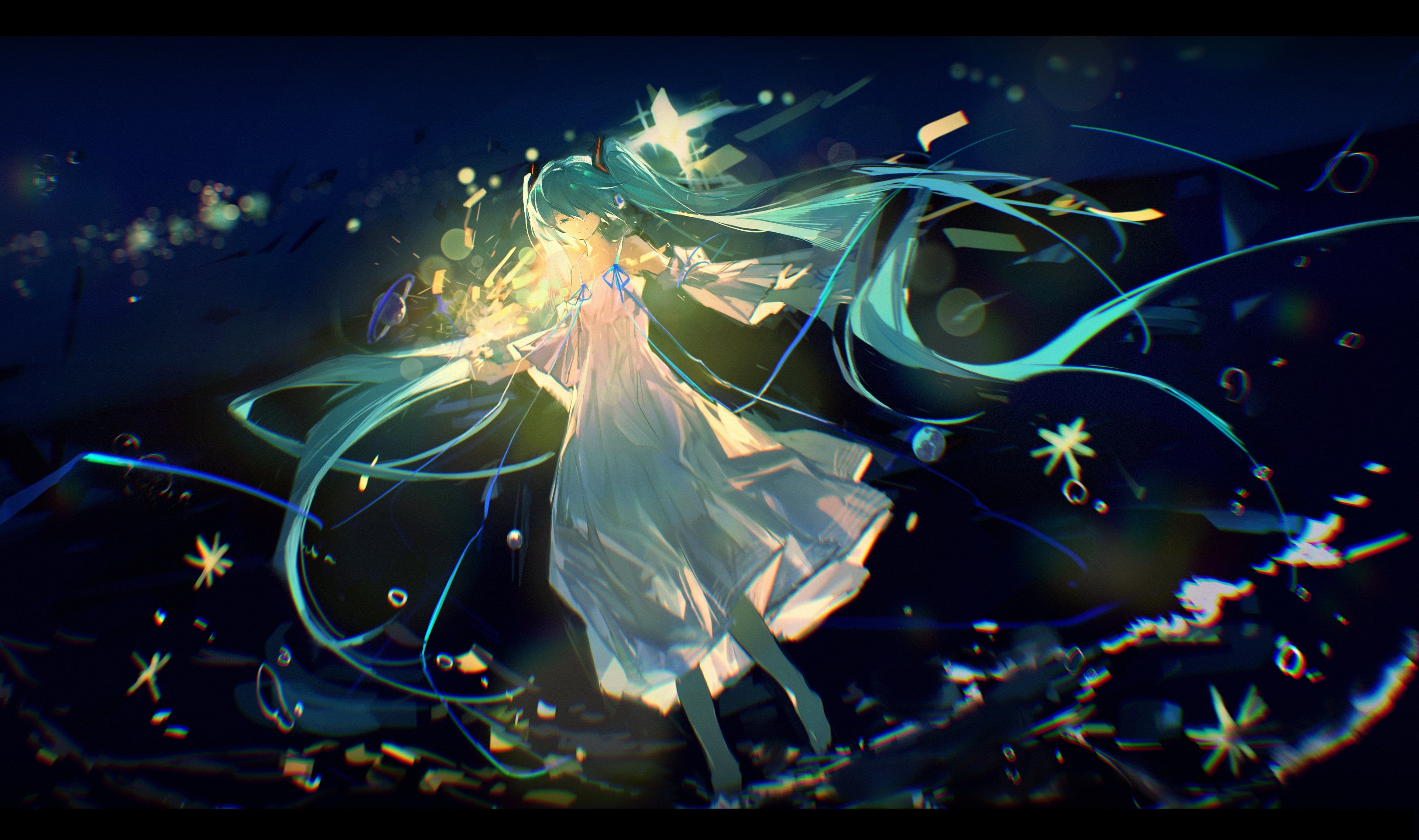Safebooru - 1girl absurdres bangs bare shoulders barefoot blue hair closed eyes dress eyebrows ...