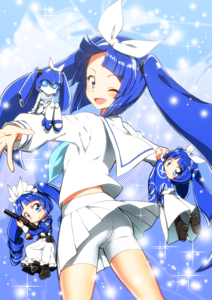 Safebooru - >:) 1girl :3 ;d bangs belt pouch bike shorts black footwear blue background blue ...