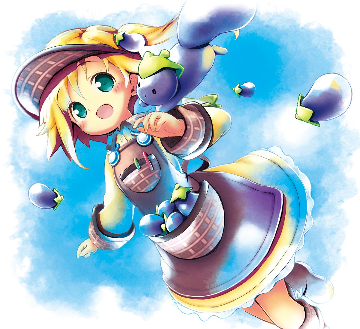 Safebooru - 1girl :d aikei ake apron blonde hair blue background blush boots brown footwear ...
