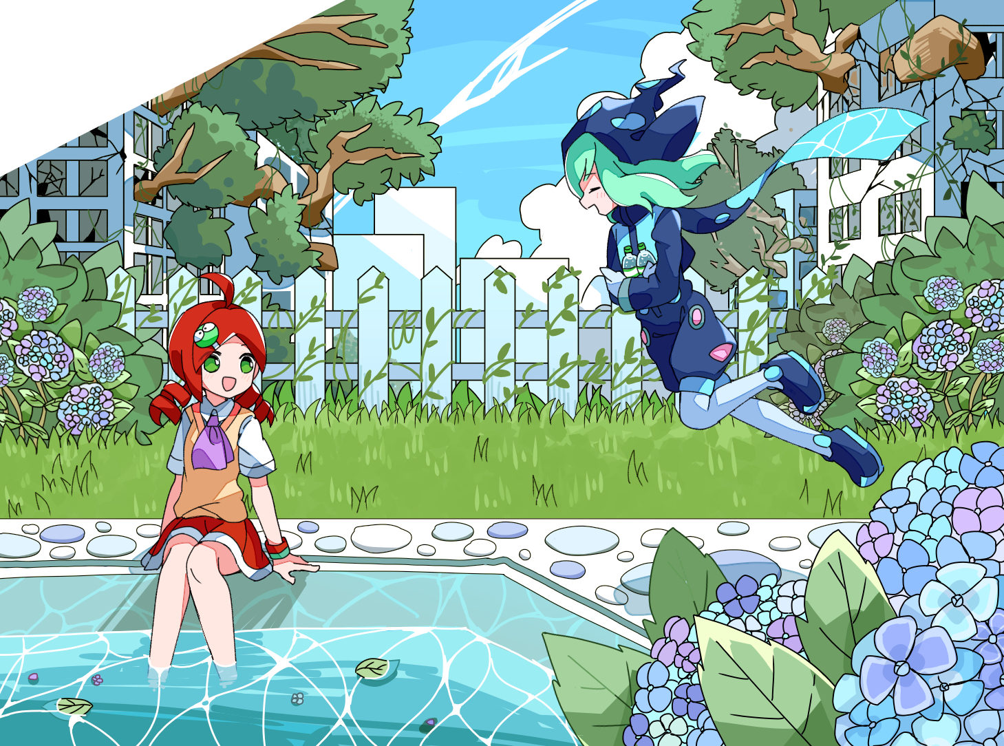 Safebooru - 1boy 1girl :d ahoge andou ringo aqua hair arms at sides black footwear black hat ...