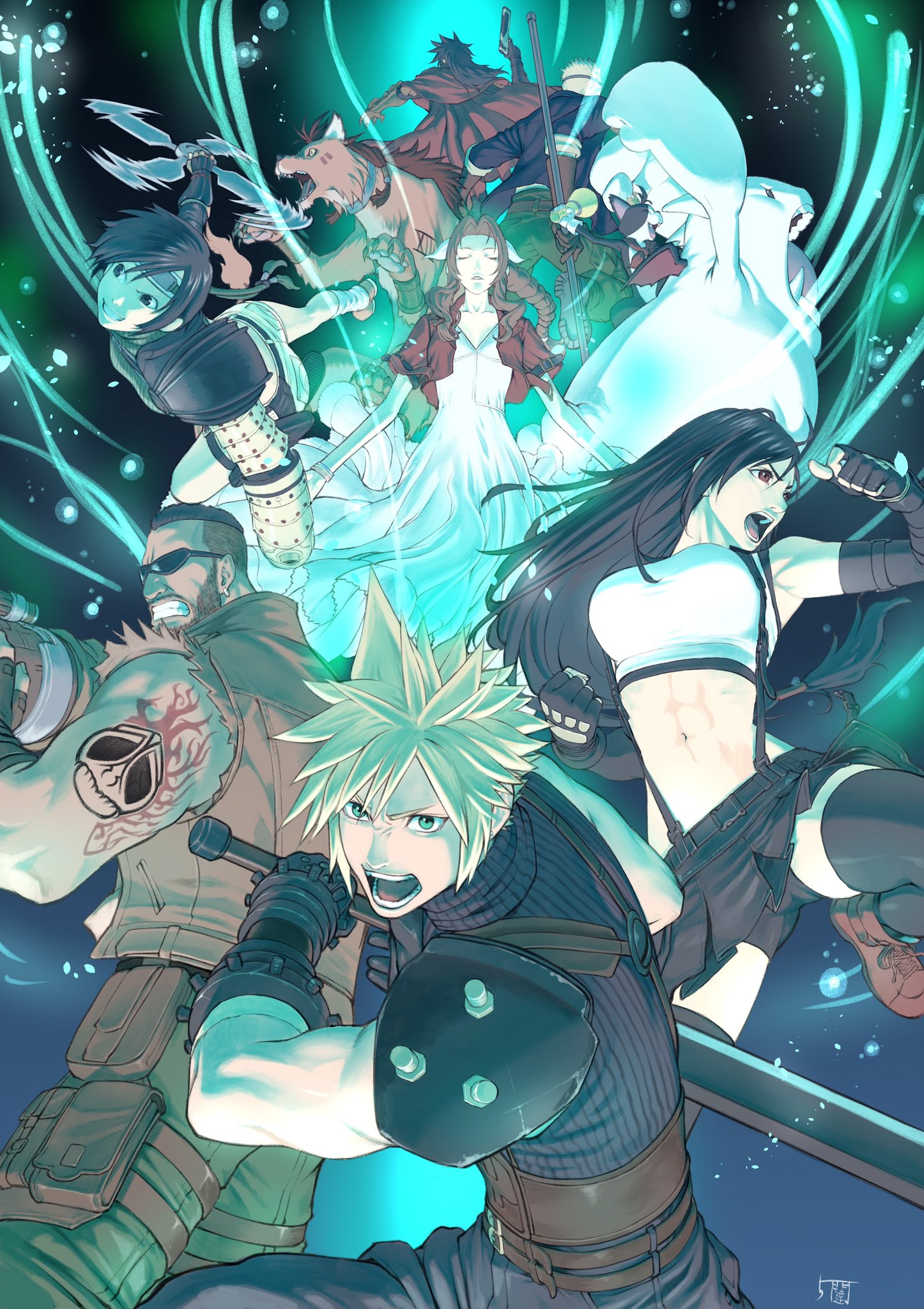 Safebooru - 3girls 5tatsu aerith gainsborough animal arm tattoo armor armpits bandaged arm ...