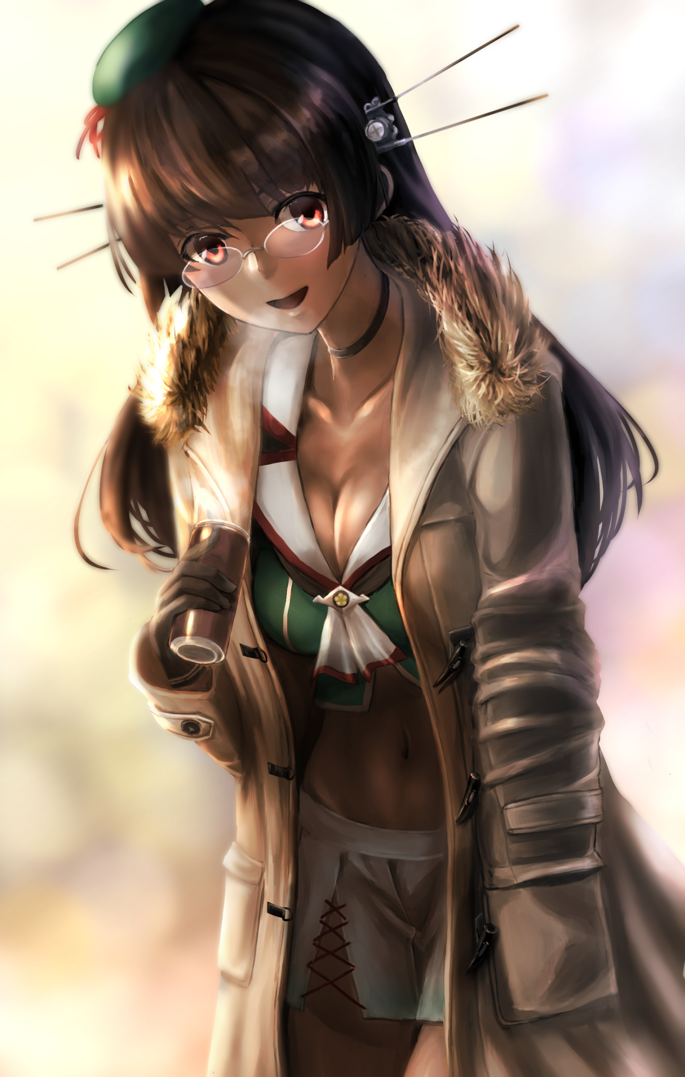 Safebooru - 1girl bangs beret black hair blurry blurry background blush breasts can choker ...