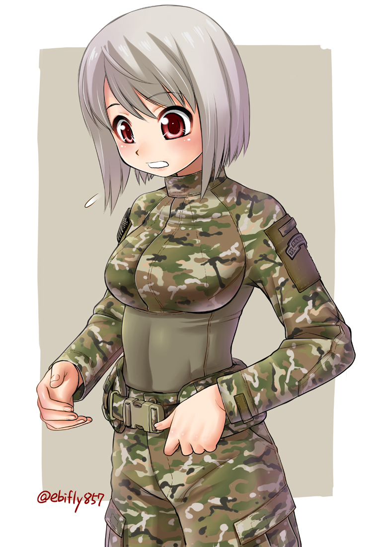 Safebooru - 1girl belt blush breasts camouflage camouflage pants cowboy shot crop top ebifly ...
