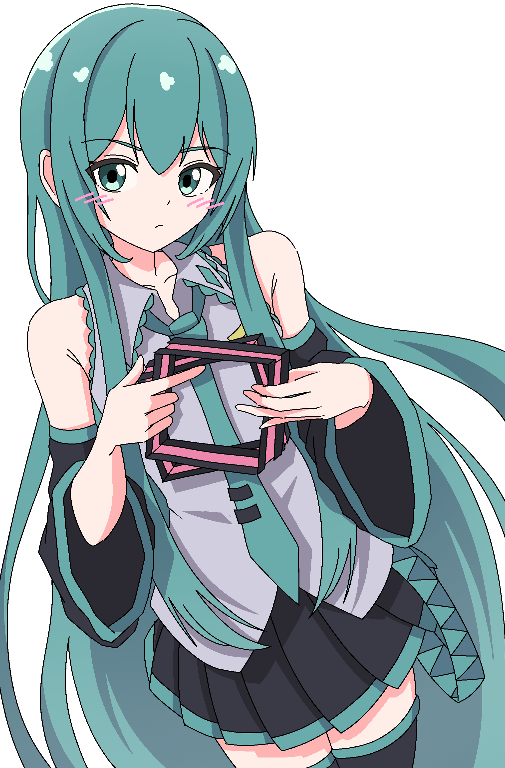 Safebooru - 1girl absurdres aqua eyes aqua hair aqua necktie black skirt black sleeves black ...