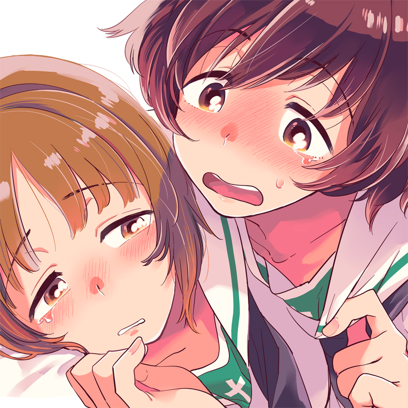 Safebooru - 2girls akiyama yukari bangs black neckwear blouse blush brown eyes brown hair ...