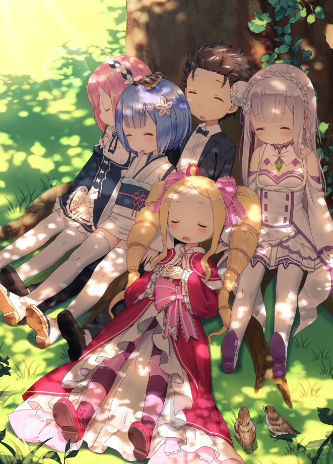 Safebooru - 1boy 4girls animal animal on head bare shoulders beatrice (re:zero) bird bird on ...