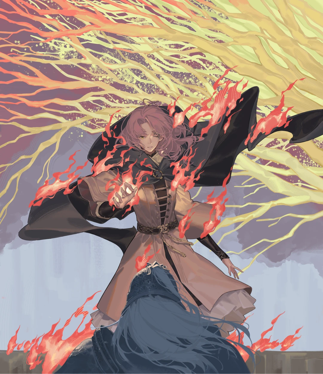 Safebooru - 1girl 1other armor belt black cape brown dress burning cape dress elden ring erdtree ...