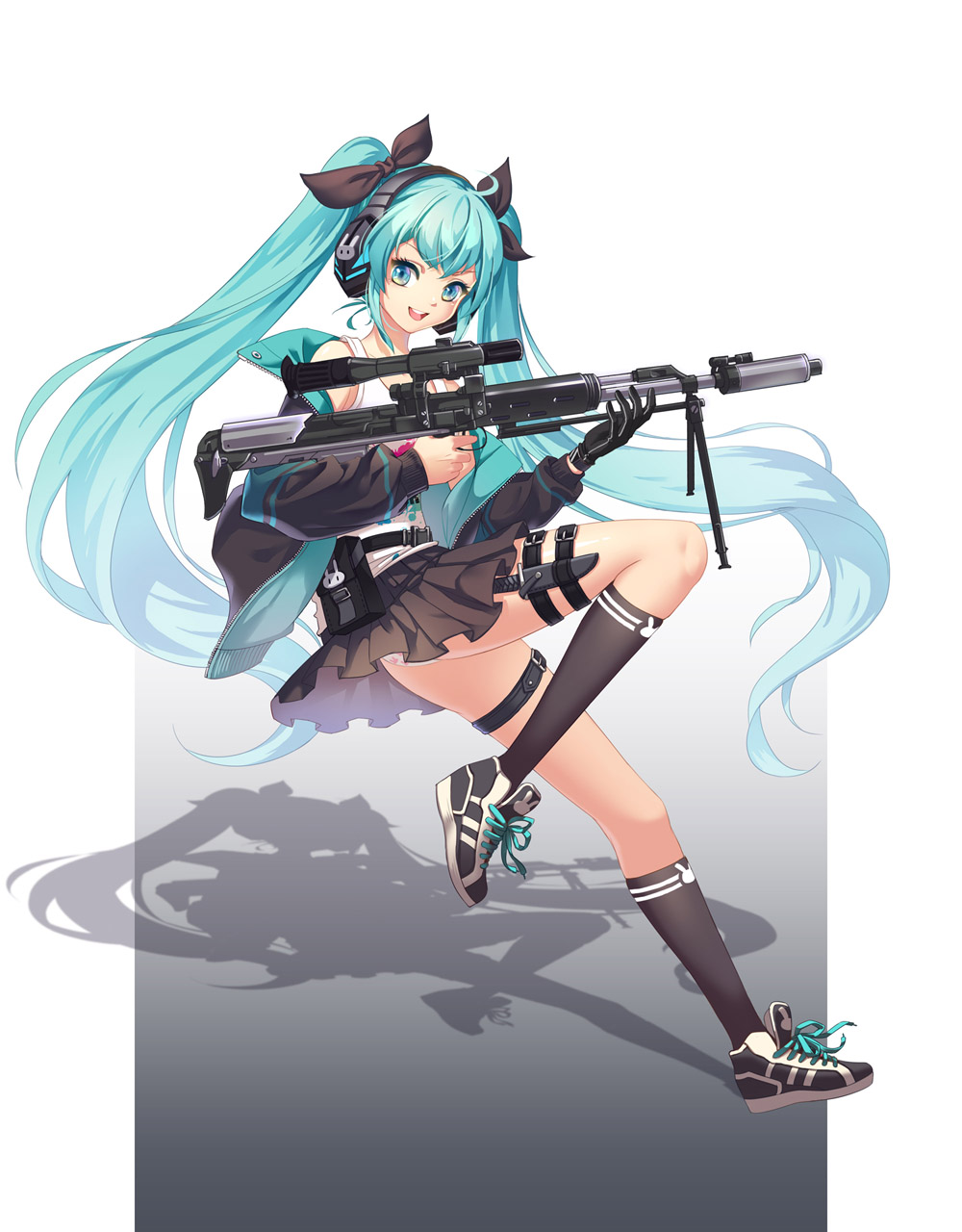 Safebooru - 1girl aqua eyes aqua hair bipod black gloves black skirt bullpup full body gloves ...