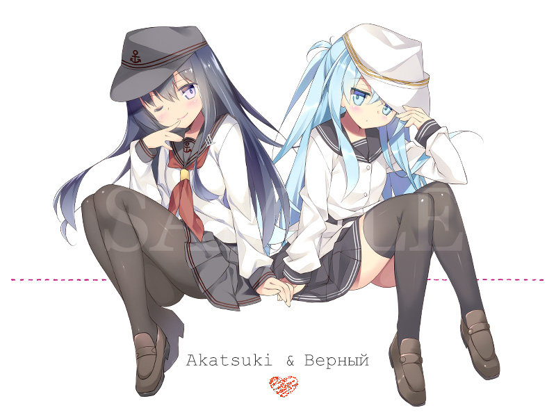 Safebooru - 2girls ;) akatsuki (kantai collection) anchor symbol aqua eyes aqua hair black hair ...