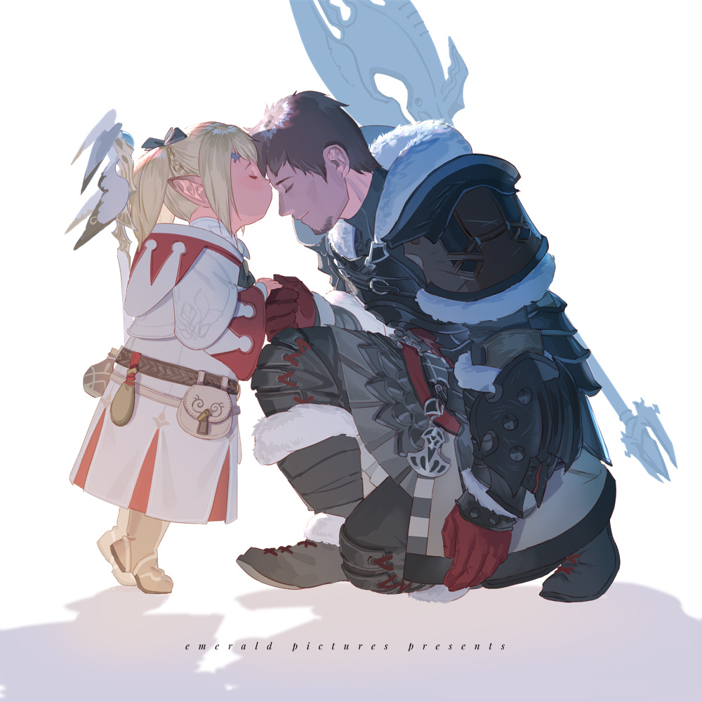 Safebooru - 1boy 1girl ardbert (ff14) armor axe belt belt pouch black footwear black pants ...